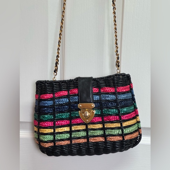 Bags | Vintage Multicolored Wicker Handbag Brightly Colored Stripes ...